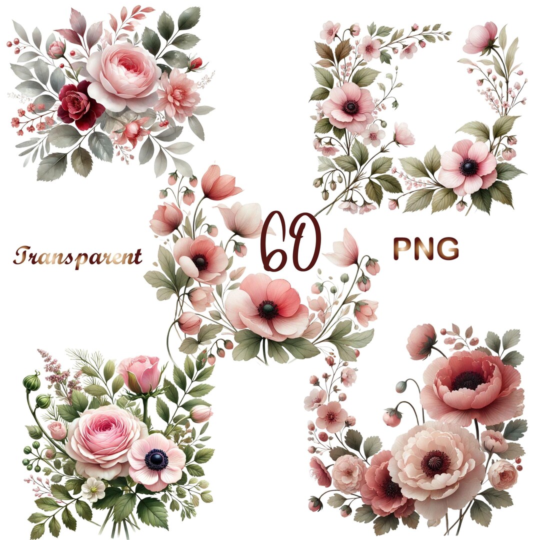 60 PNG Flowers Frame Clipart Bundle – Pink Floral Border & Bouquet Clip ...