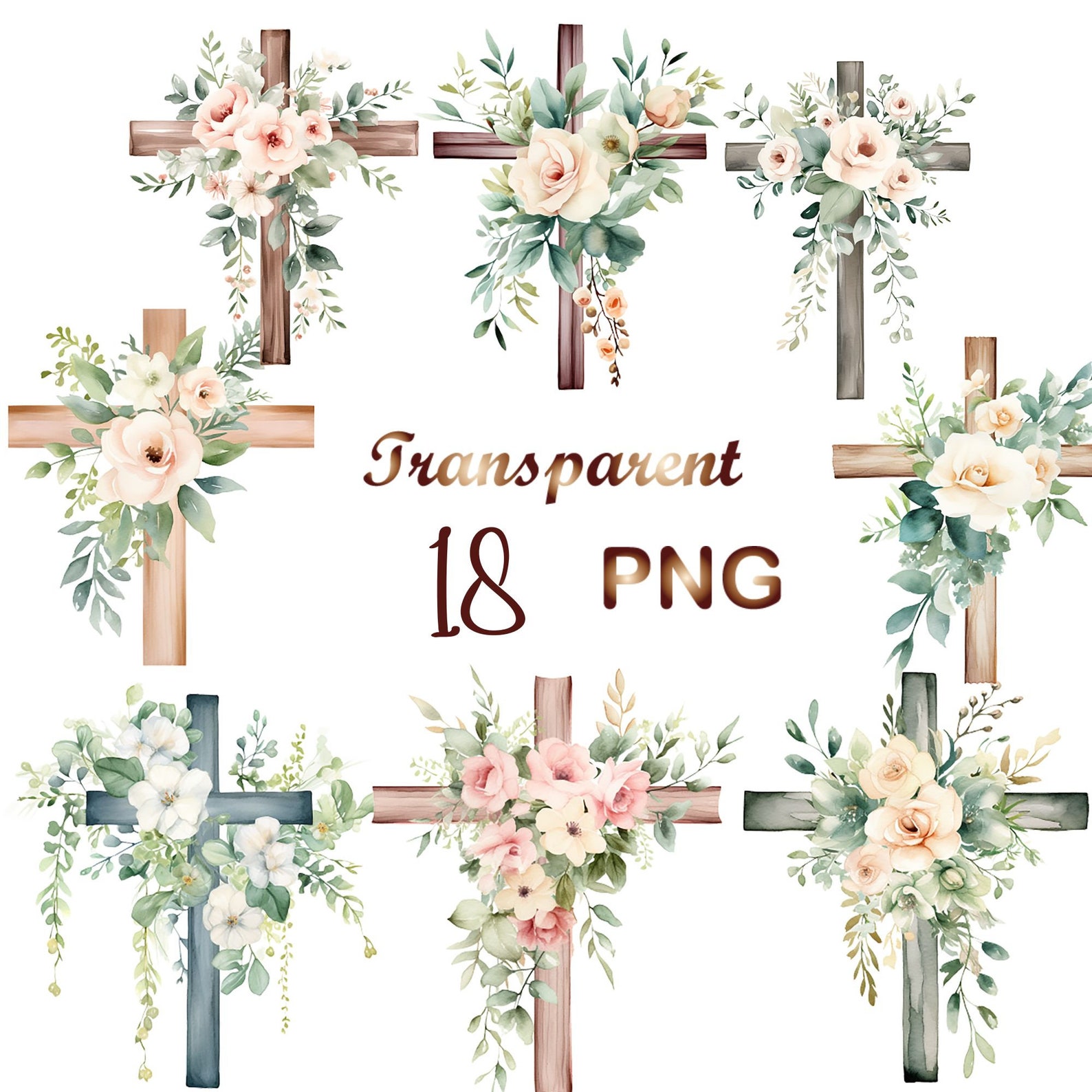 18 Pastel Boho Floral Cross Clipart Png,wooden Watercolor Cross Clipart ...