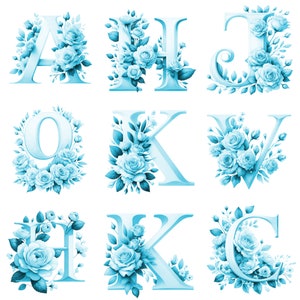 47 PNG, Watercolor Blue Floral Alphabet Collection Clipart, Pink ...