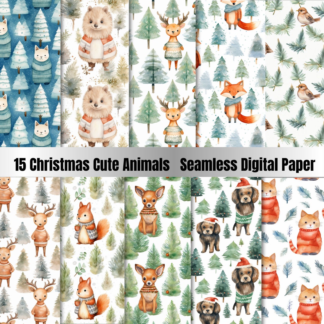 15 Christmas Cute Animals Digital Paper Seamless,fantasy Noel Xmas ...