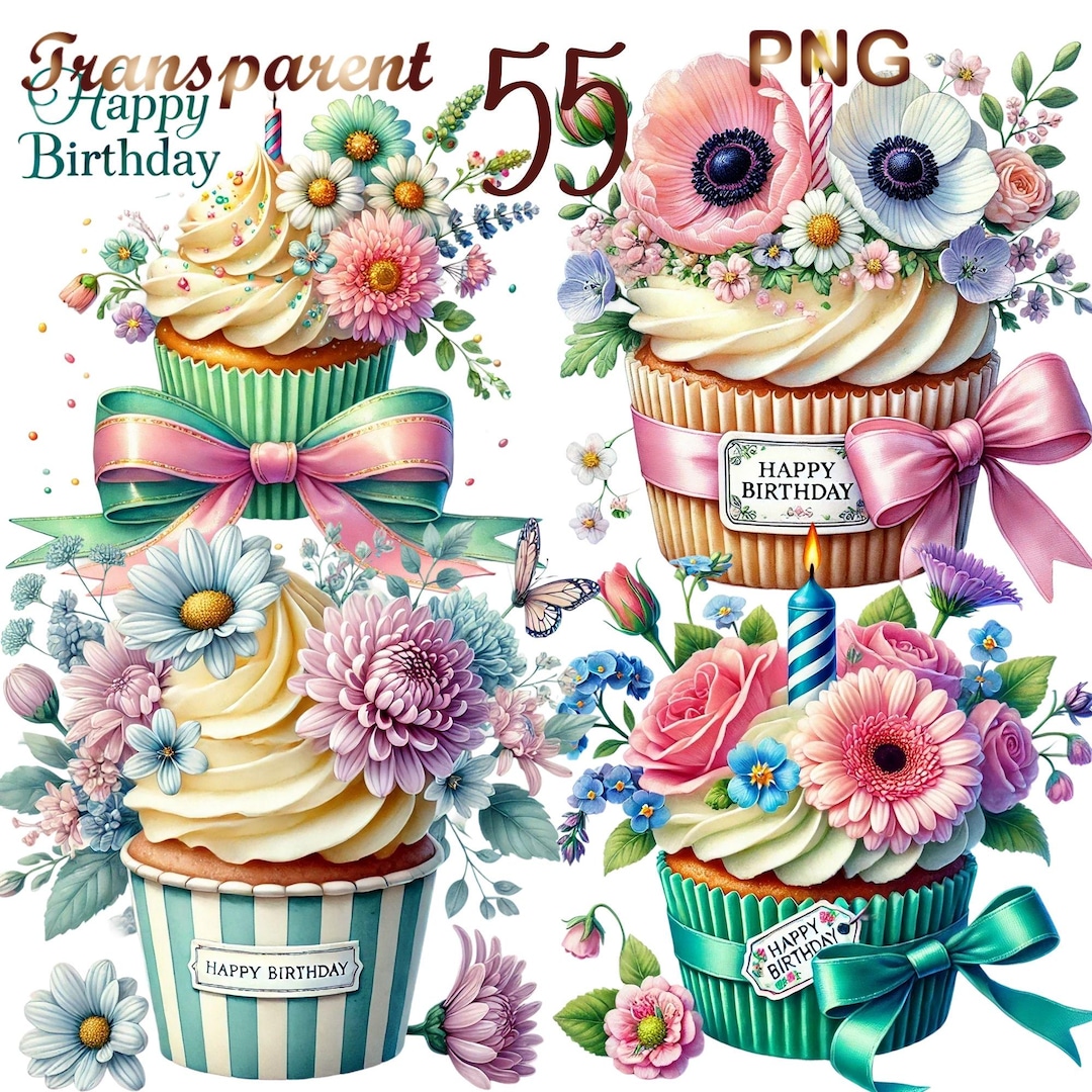 55 PNG Birthday Cupcakes Clipart Bundle, Festive Cupcake Graphics ...