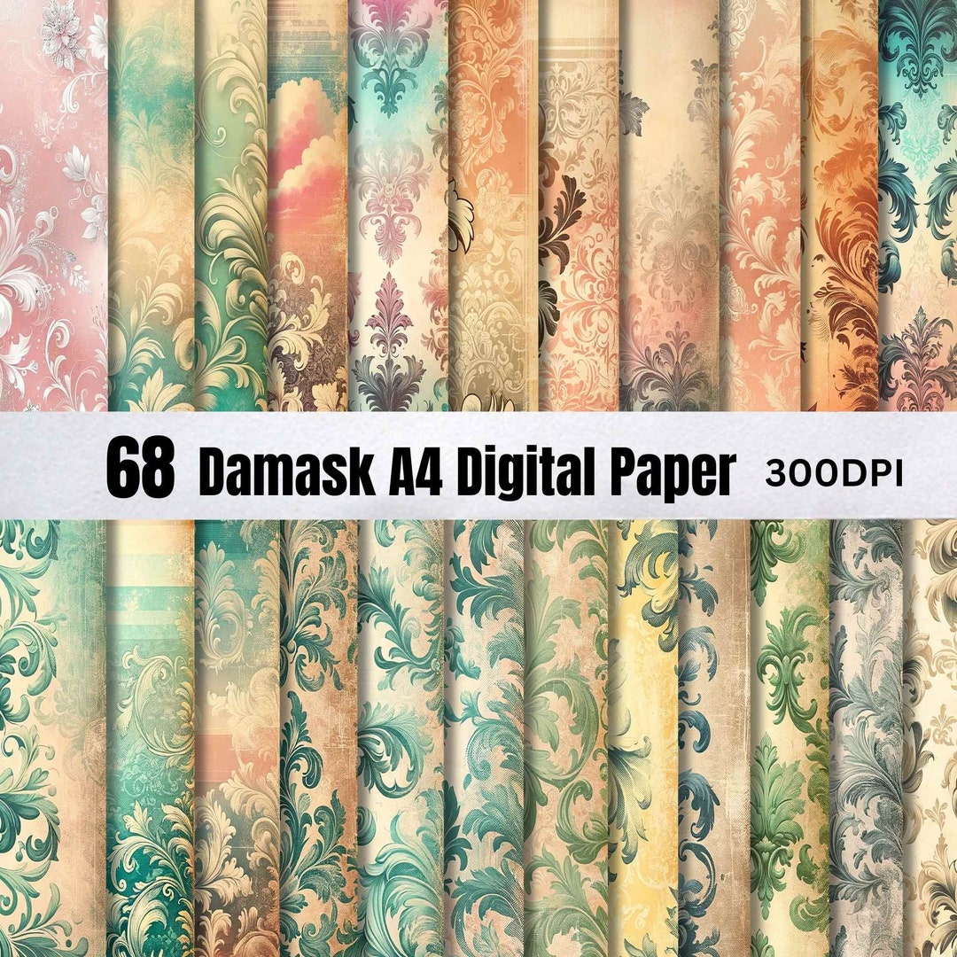 68 Junk Journal, Shabby Chic, Damask Pattern, Vintage Digital Paper ...