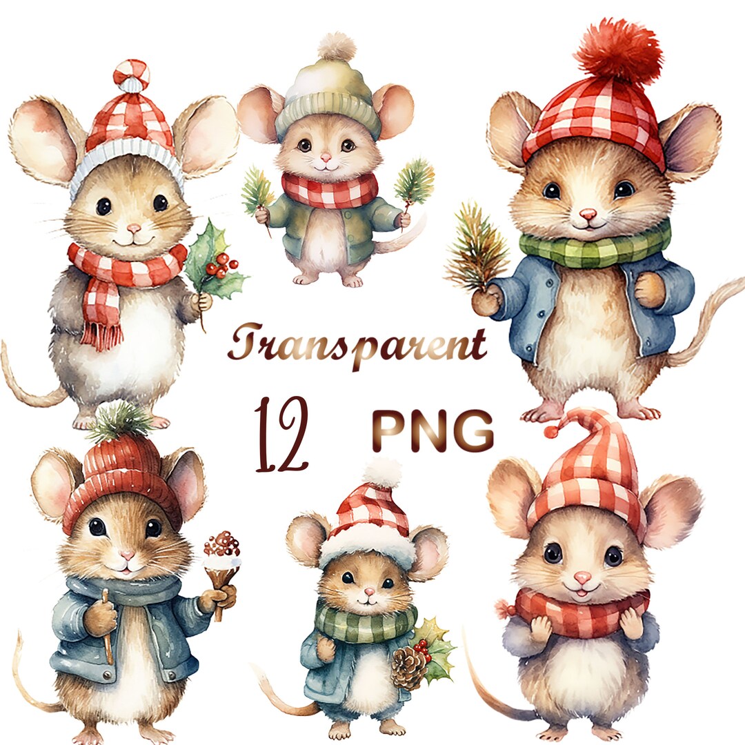 12 PNG, Christmas Mouse Clipart Bundle, Xmas Mouse Clipart, Cute Mouse ...