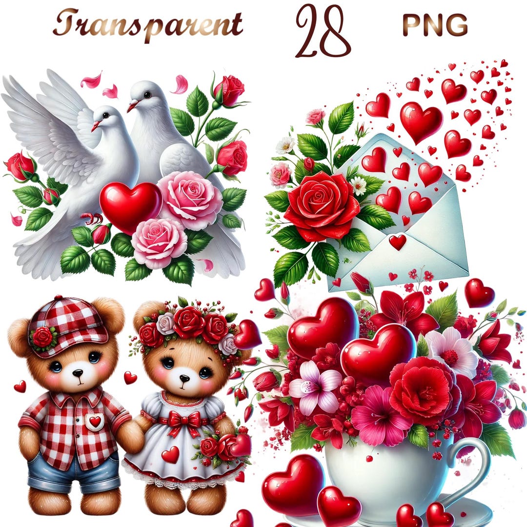 28 PNG Set 2 Valentines Day Clipart Bundle, Romantic Graphics Designs ...
