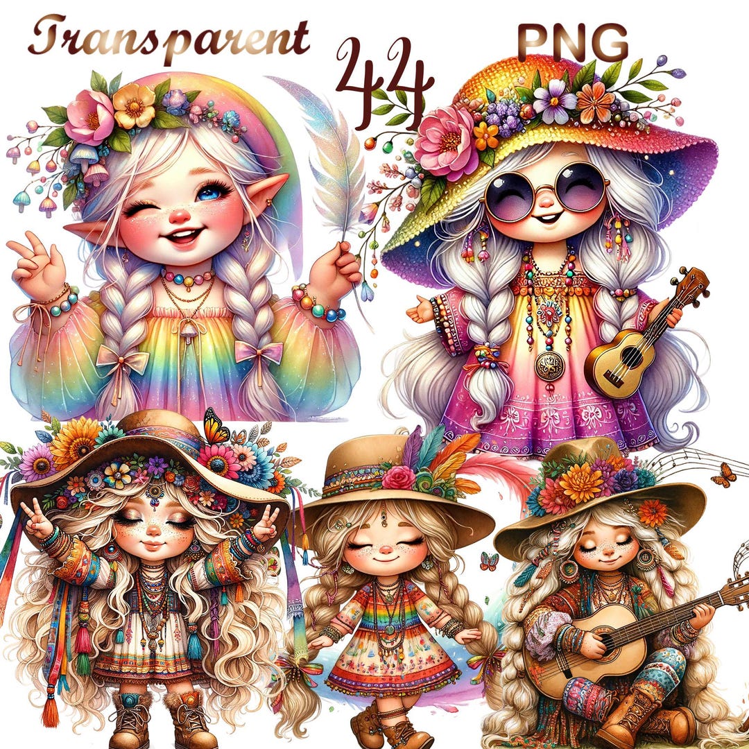 44PNG, Boho Girl Gnome Clipart Bundle, Hippie Girl Gnomes Png, Hand ...