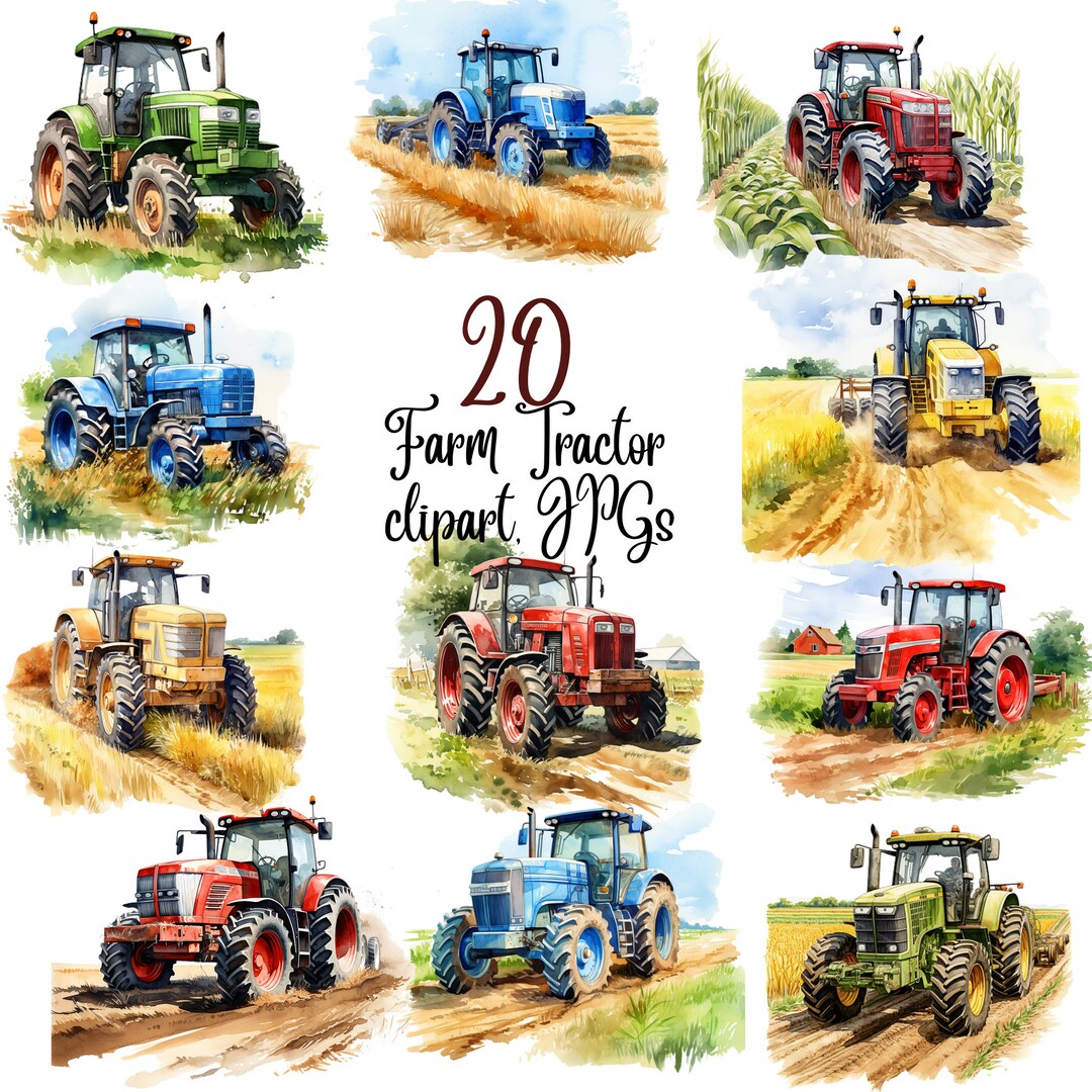 20 Watercolor Farm Tractor Clipart: Commercial Use (digital Download ...