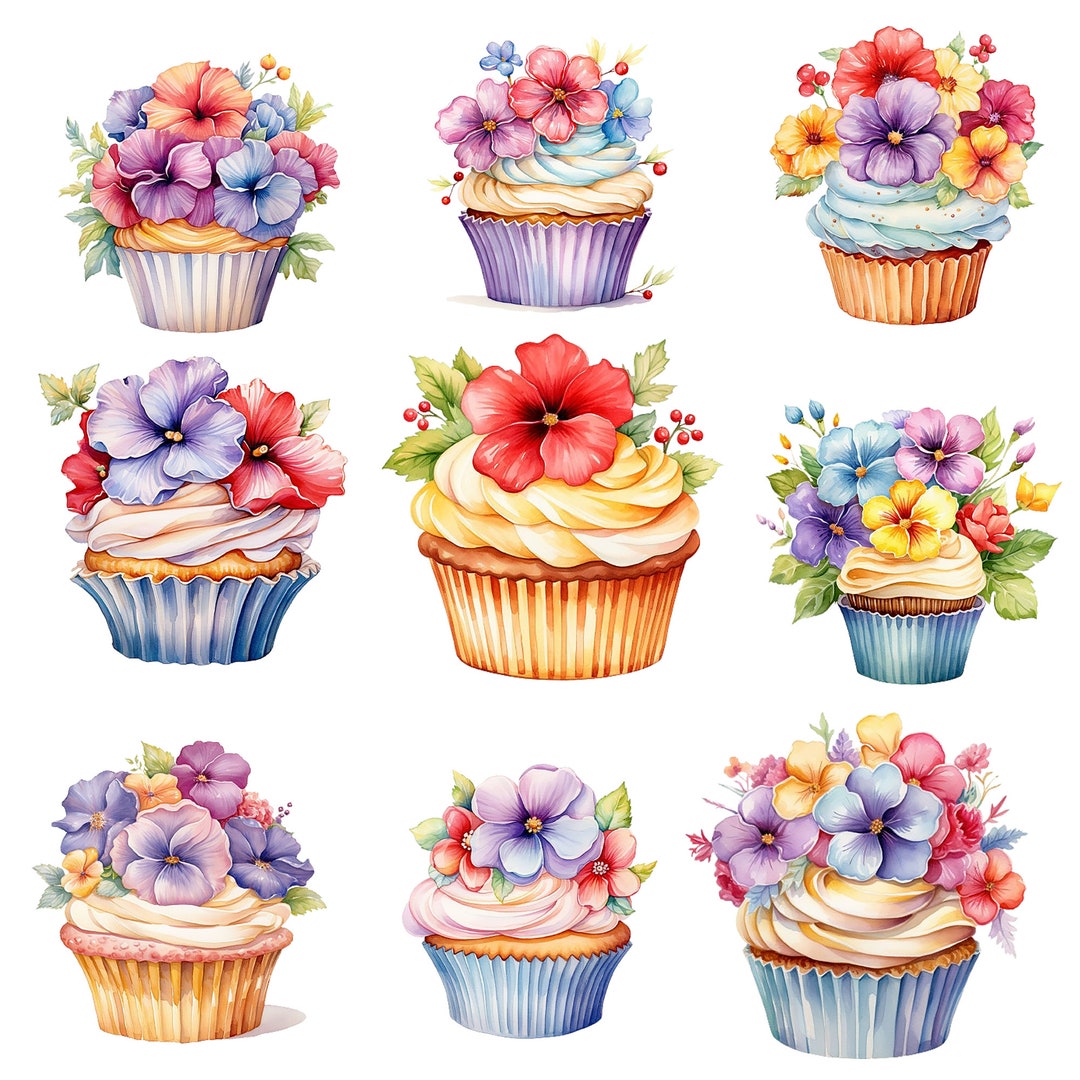 52 PNG, Watercolor Spring Cupcake Clipart, Spring Cake Clipart,digital ...
