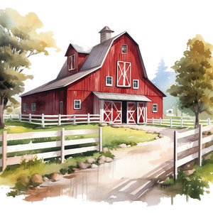 14 Watercolor Red Farm Clipart, Jpgs, Red Farm, Commercial Use, Digital ...