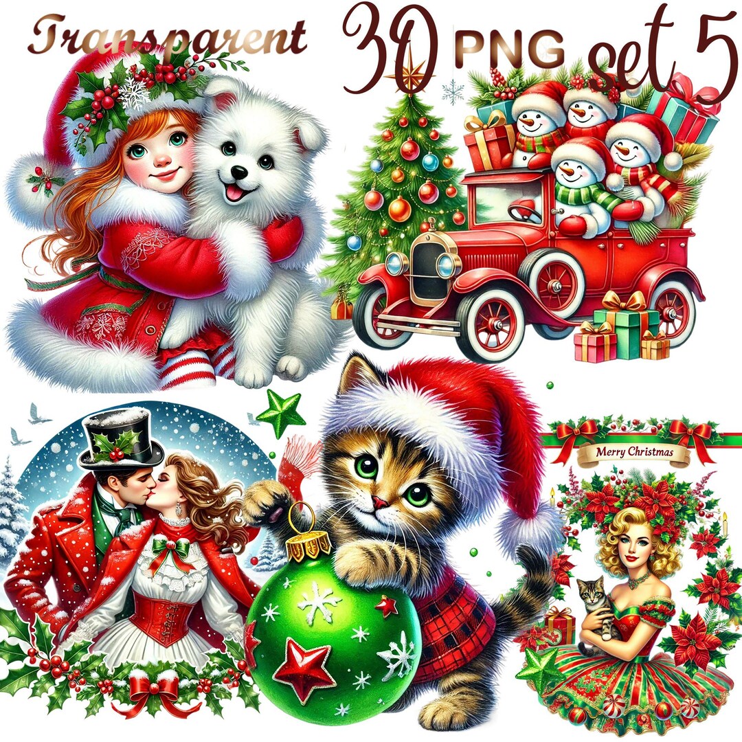 30 PNG Set 5 Rétro Christmas Clipart Bundle, Festive Vintage Clipart ...