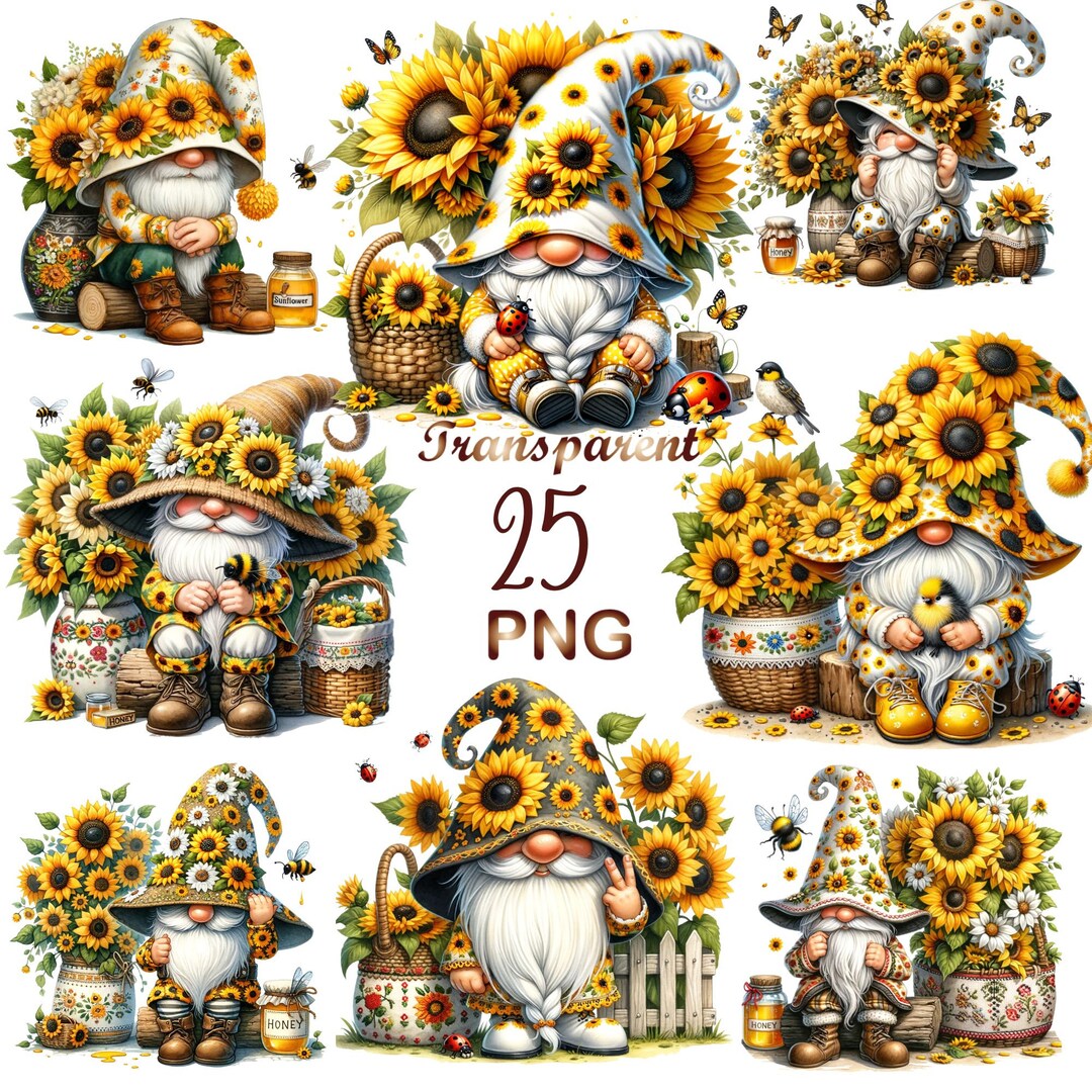 25 PNG Sunflower Gnome Clipart Bundle,garden Gnome Watercolor Clipart ...