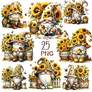 25 PNG Sunflower Gnome Clipart Bundle,garden Gnome Watercolor Clipart ...