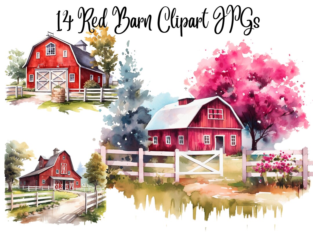 14 Watercolor Red Farm Clipart, Jpgs, Red Farm, Commercial Use, Digital ...