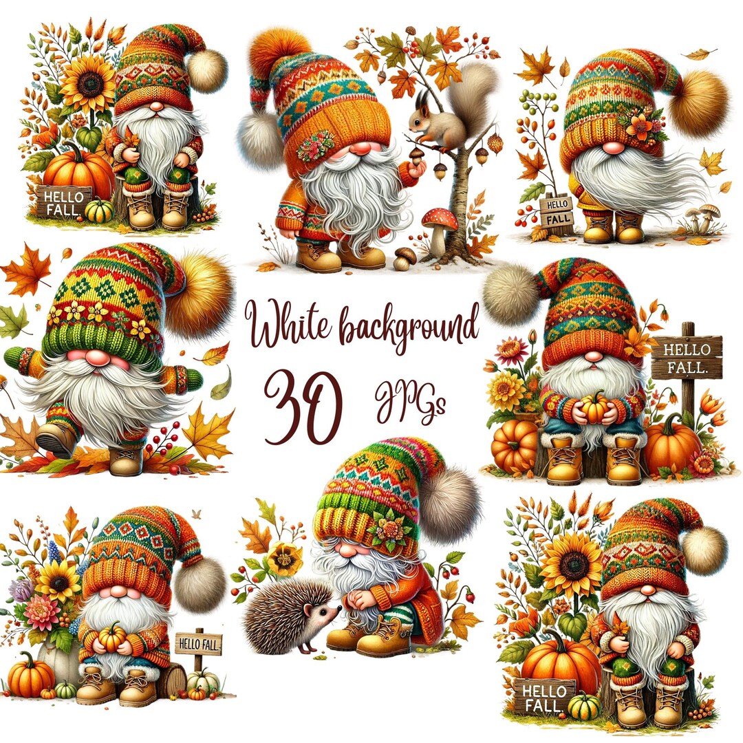 30 JPG, Hello Fall Gnome Clipart Bundle,autumn Gnome Clipart, Autumn ...