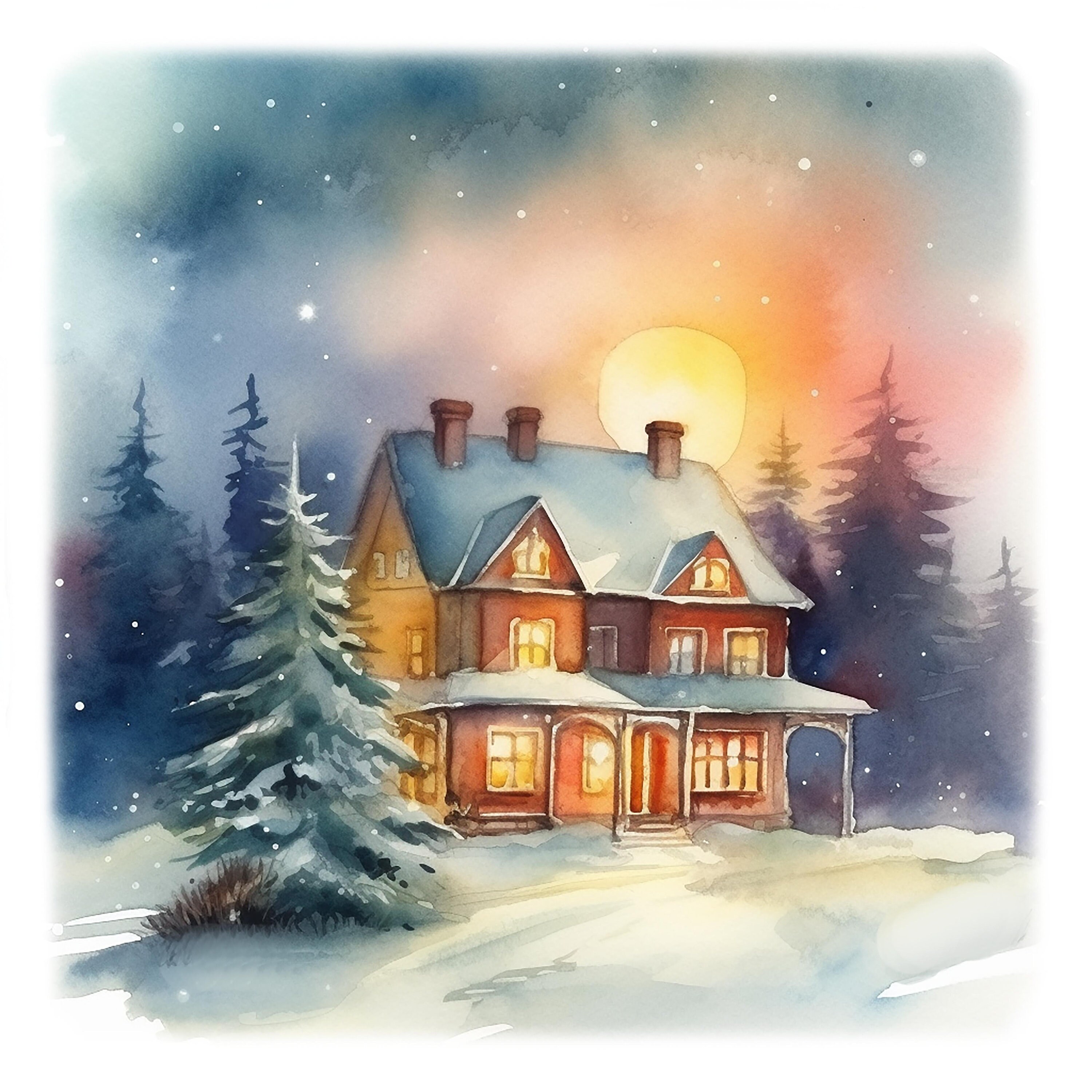 10 Watercolor Christmas Night Clipart, Jpgs, Commercial Use, Digital ...