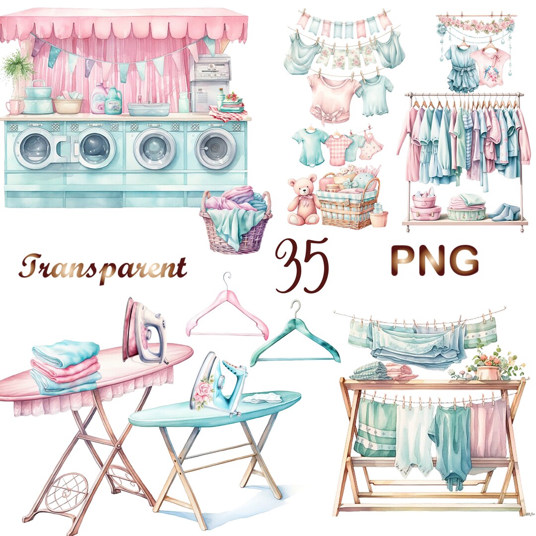 35 Laundry Clipart Bundle PNG, Clothesline Clipart,invitation Elements ...