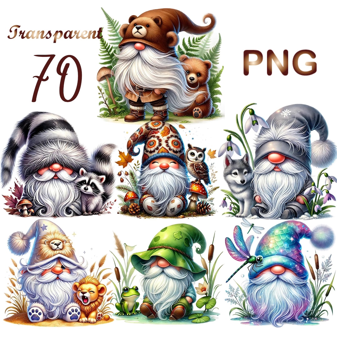 70 PNG, Gnomes With Animals Clipart Bundle, Cute Gnomes Clipart Bundle ...