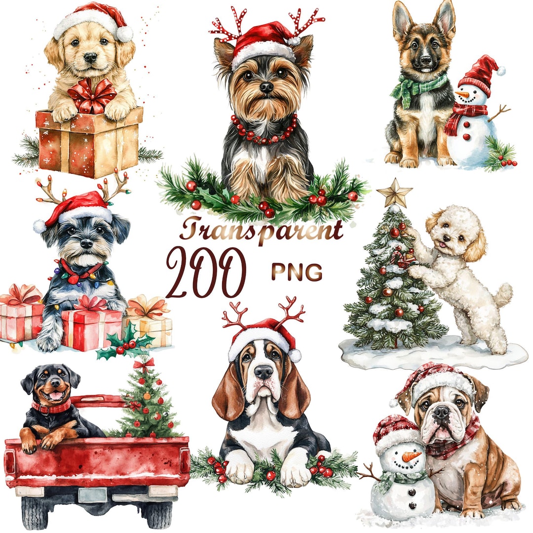 200 PNG Christmas Dogs Clipart Bundle, Festive Dog Illustrations ...