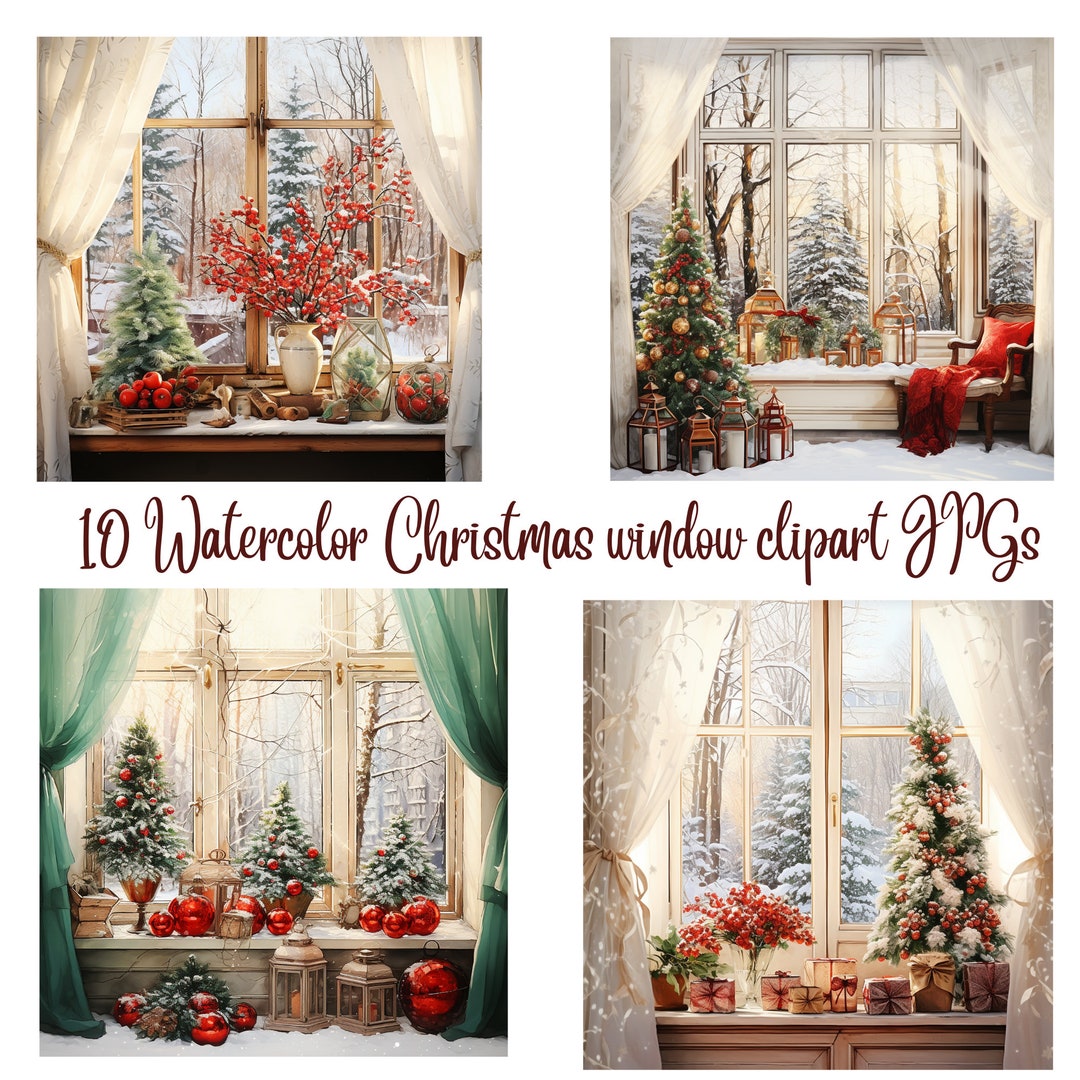 10 Watercolor Christmas Window Clipart, JPG, Watercolor Christmas ...