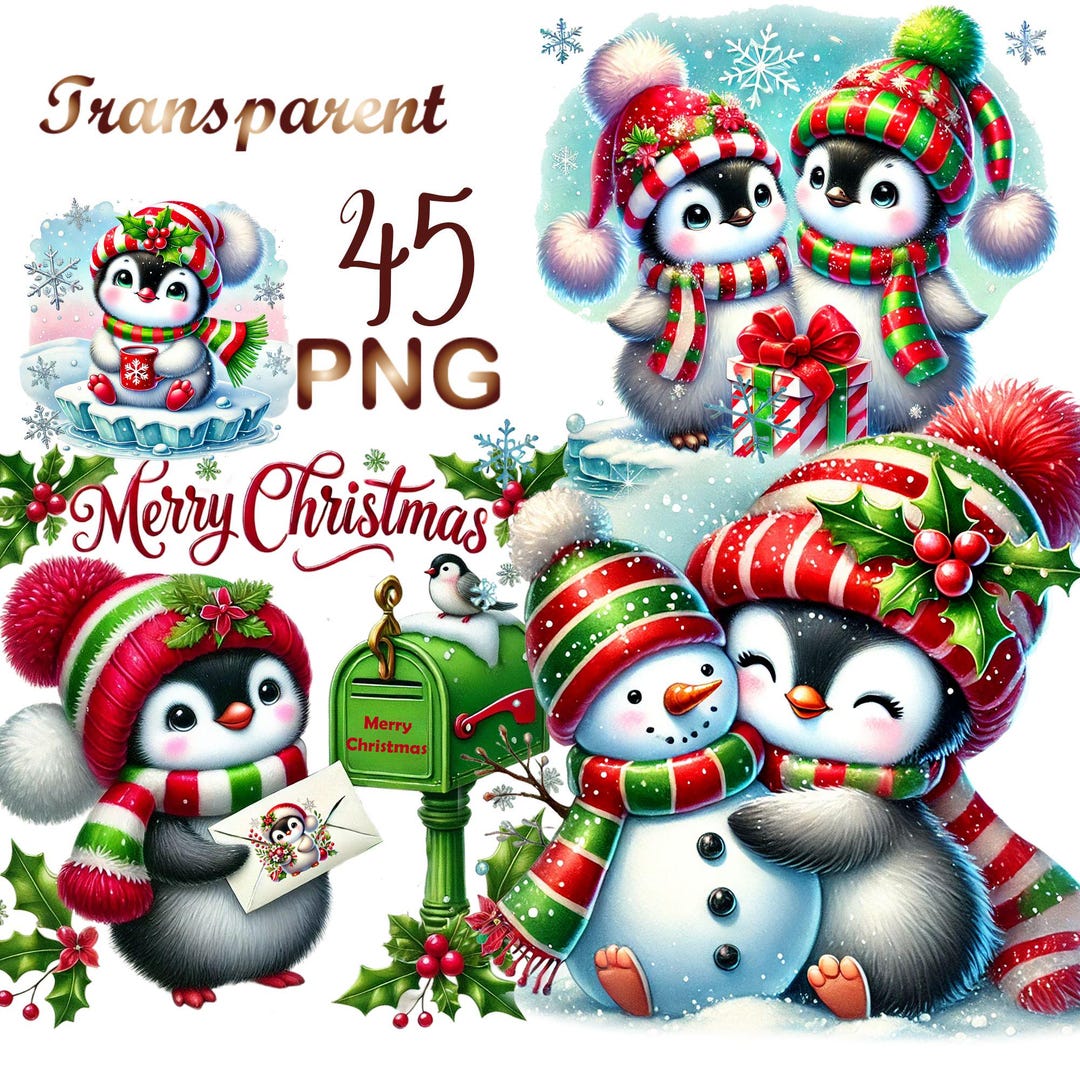 45 Png, Christmas Penguins Clipart Bundle,x-mas Clipart,holiday Penguin ...