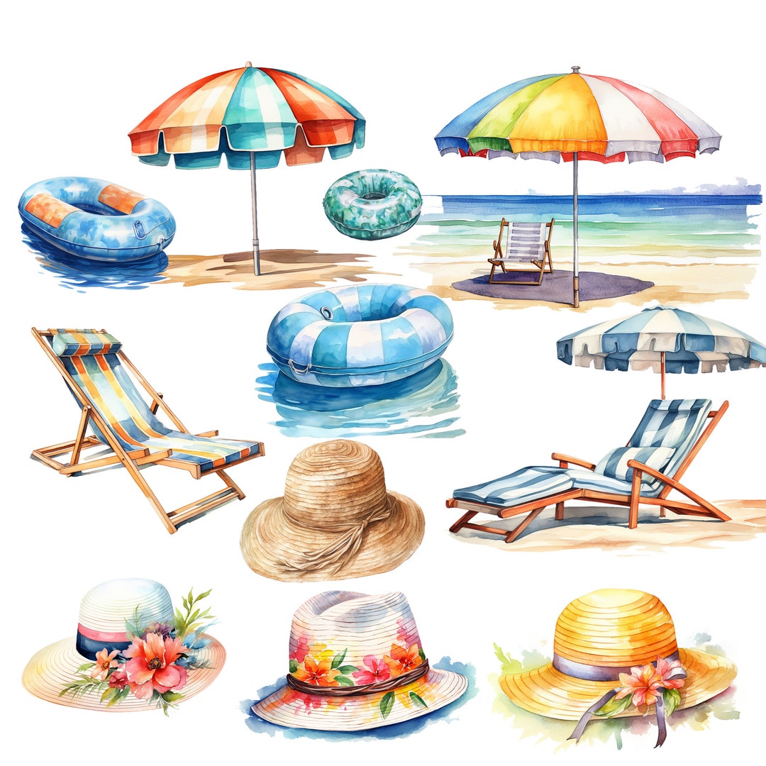 Summer on the Beach, Ocean Travel Digital Beach Clipart, Watercolor ...