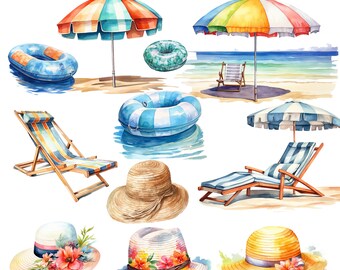 Summer on the Beach, Ocean Travel Digital Beach Clipart, Watercolor ...