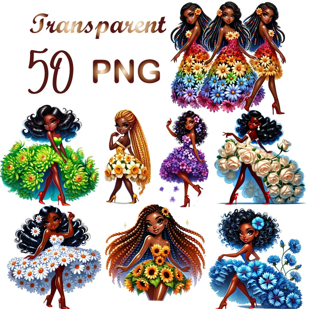 50 PNG, Floral Black Girls Clipart Bundle, Flowers Cute Girls Clipart ...