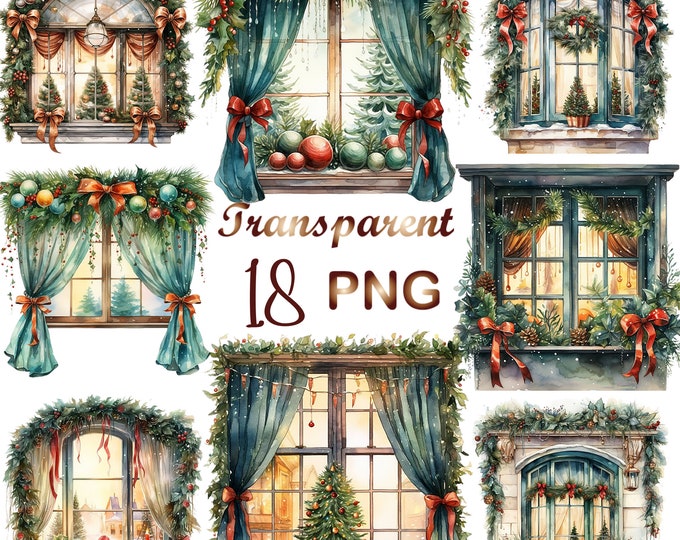 Watercolor Christmas Window Clipart, 16 High Quality PNG Files, Xmas ...