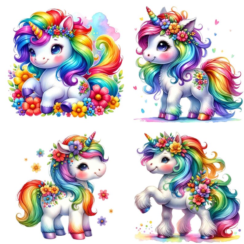 Baby Unicorn Clipart PNG Bundle – 18 Watercolor Rainbow Unicorns, Cute ...