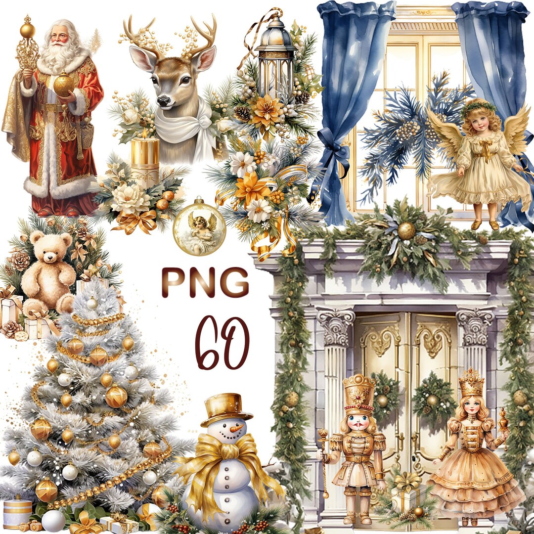 60 PNG, Christmas Clipart Bundle, Gold Tis the Season Christmas Clipart ...