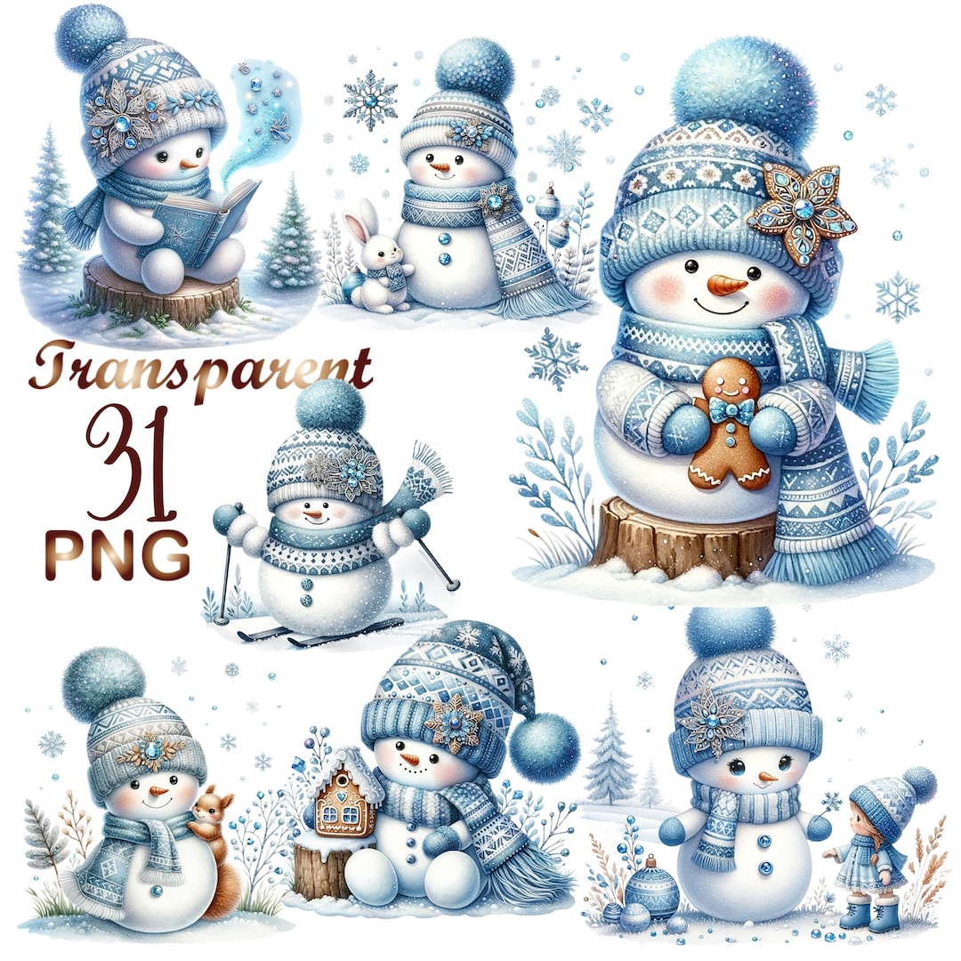 31 PNG, Watercolor Blue Snowman Collection Clipart, Festive Snowman ...