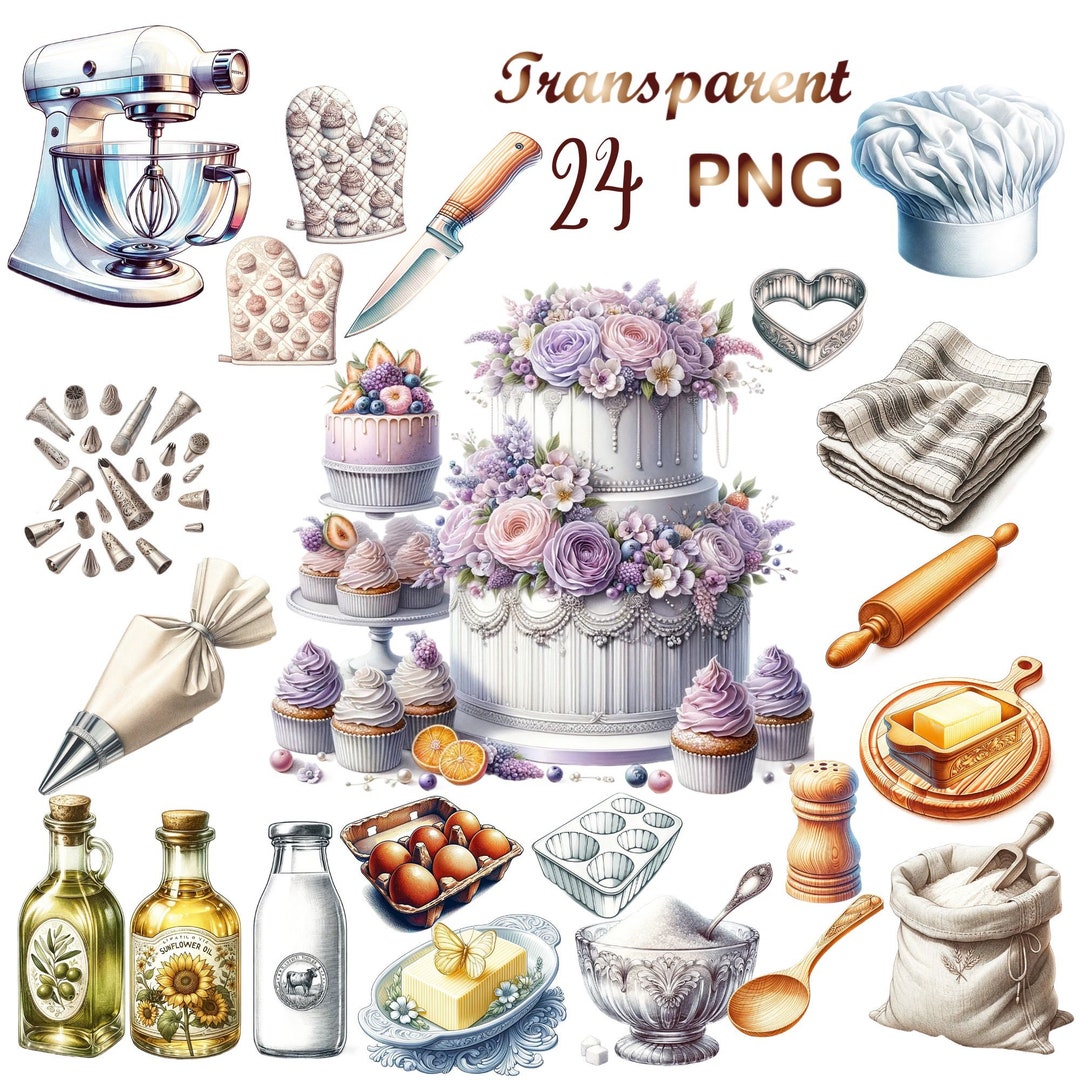24 PNG, Watercolor Baking Clipart Bundle, Baking Supplies, Home Bakery ...