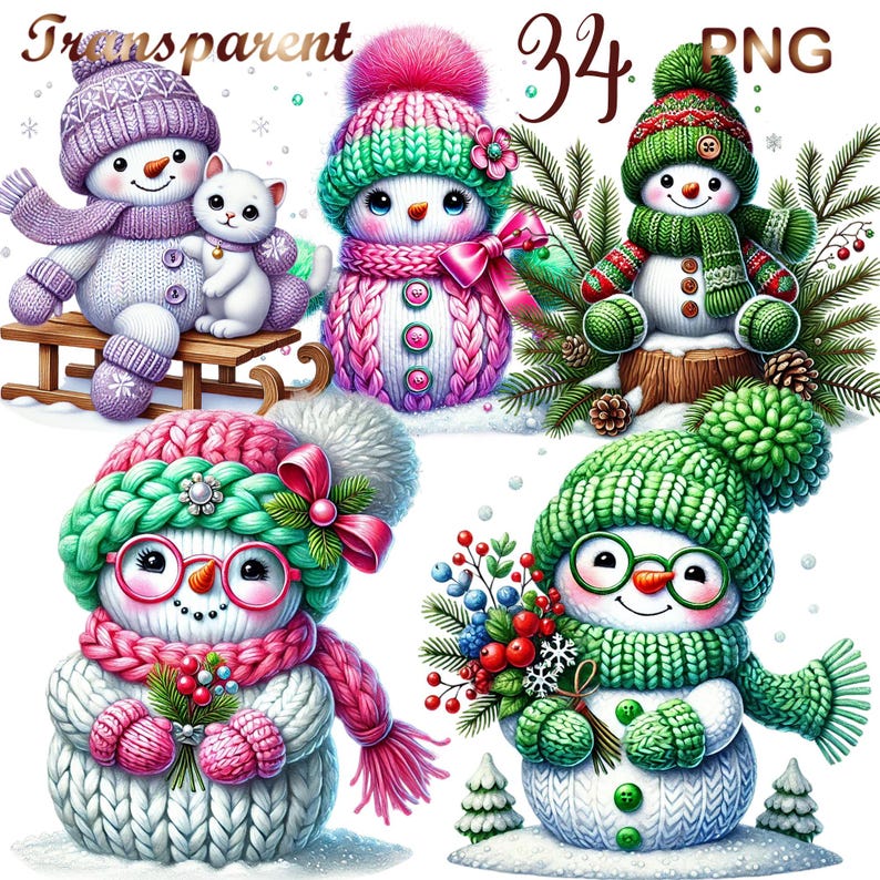 34 PNG Christmas Knitted Snowman Bundle Clipart, Festive Snowmen ...