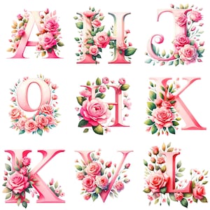 47 PNG, Watercolor Bright Pink Floral Alphabet Collection Clipart, Pink ...
