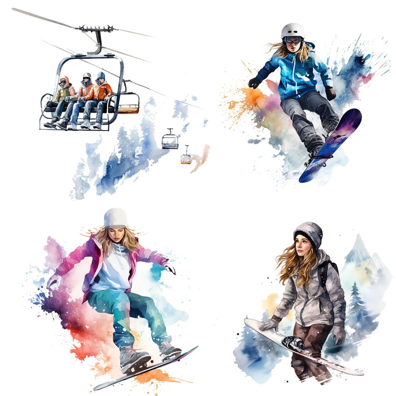 20 Watercolor Snowboarding Clipart, Jpgs, Commercial Use, Digital ...