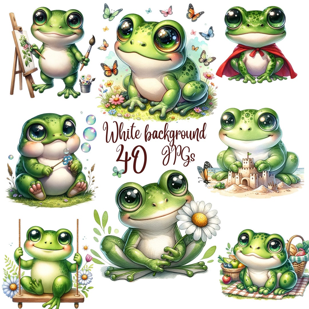 40 JPG, Cute Frog Clipart Bundle, Watercolor Frogs Clipart, Frogs ...