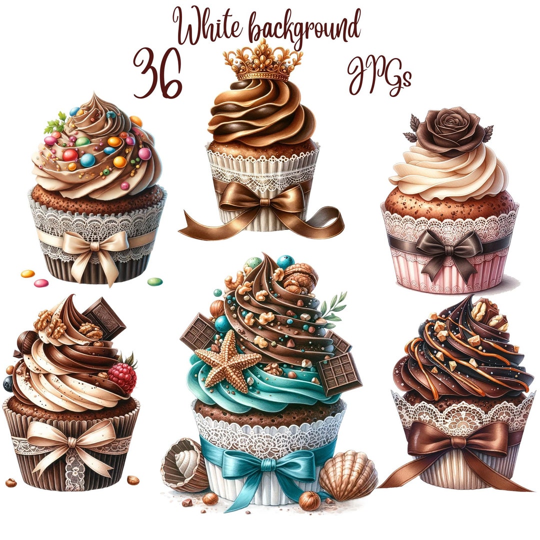 36 JPG, Chocolate Cupcake Clipart Bundle,watercolor Choco Dessert ...
