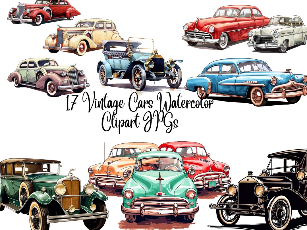17 Vintage Cars Watercolor Clipart, Jpgs,car Bundle Jpg,watercolor ...
