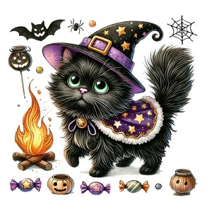 26 PNG, Cute Witch Cat Clipart Bundle, Witch Cat Clipart, Watercolor ...