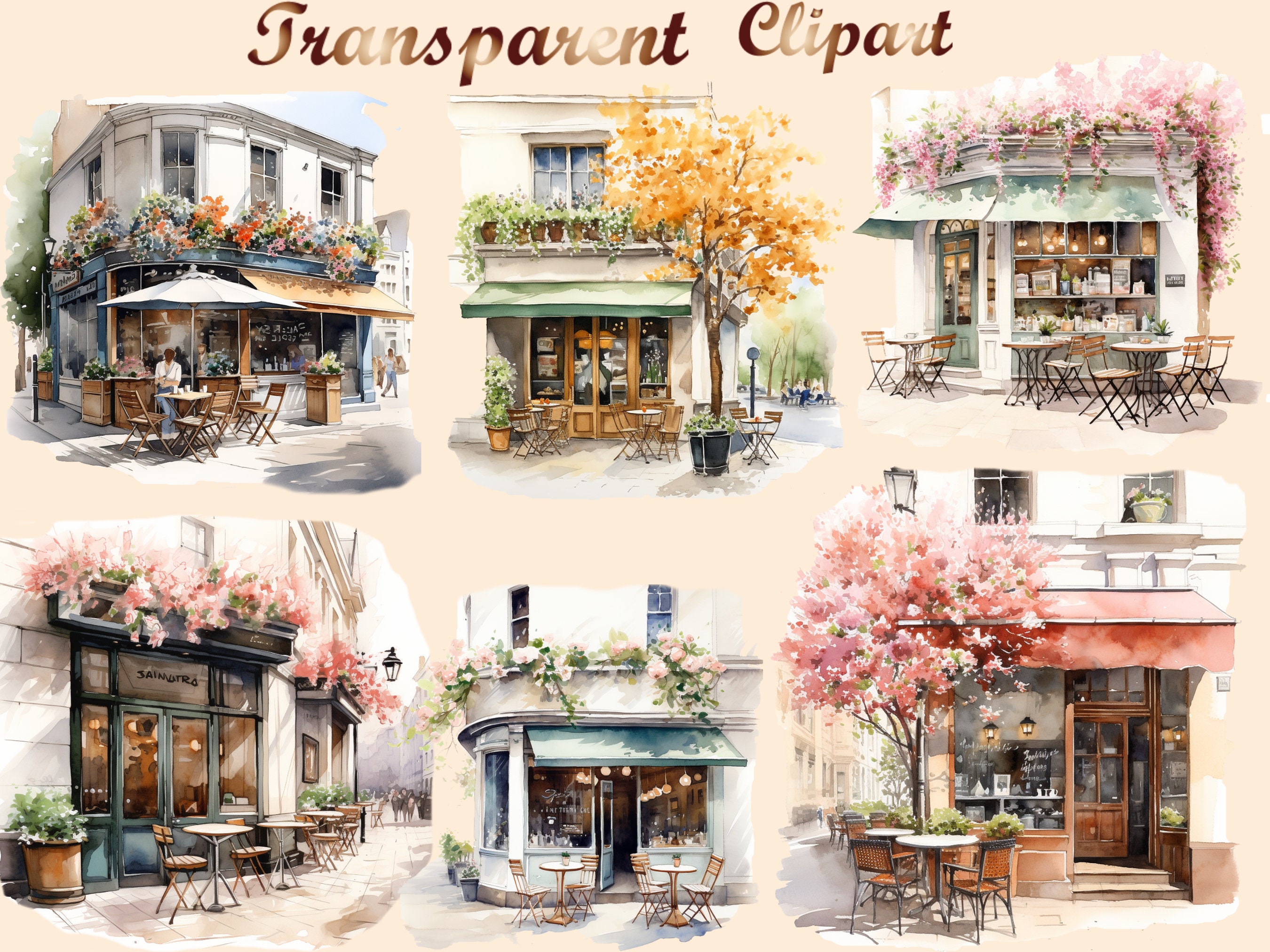 49 Watercolor Spring Coffee Shop Clipart, Bundle Png,set 1-4, Collage ...