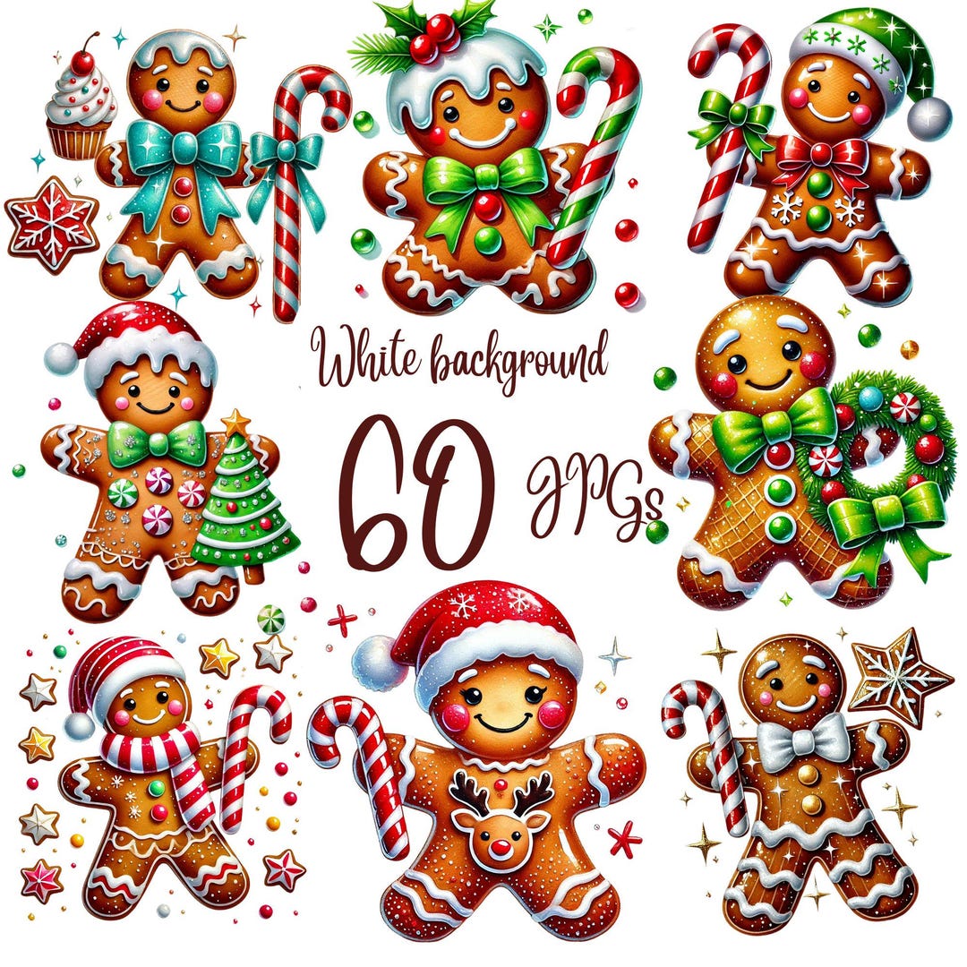 60 JPG, Gingerbread Man Clipart Bundle, Christmas Clipart, Festive ...