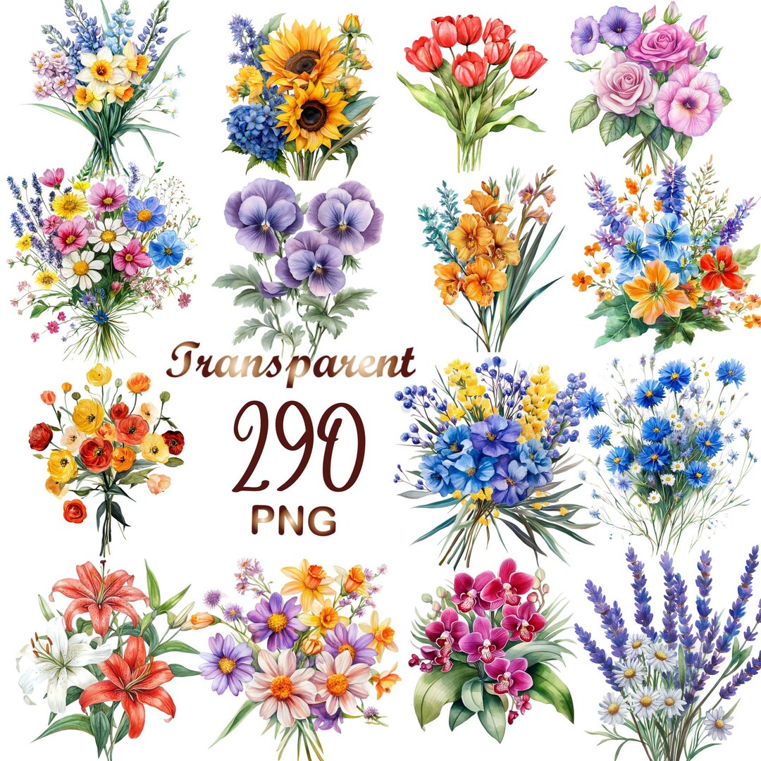 290 PNG Watercolor Flowers Bouquets Clipart Bundle – Floral Bouquets ...