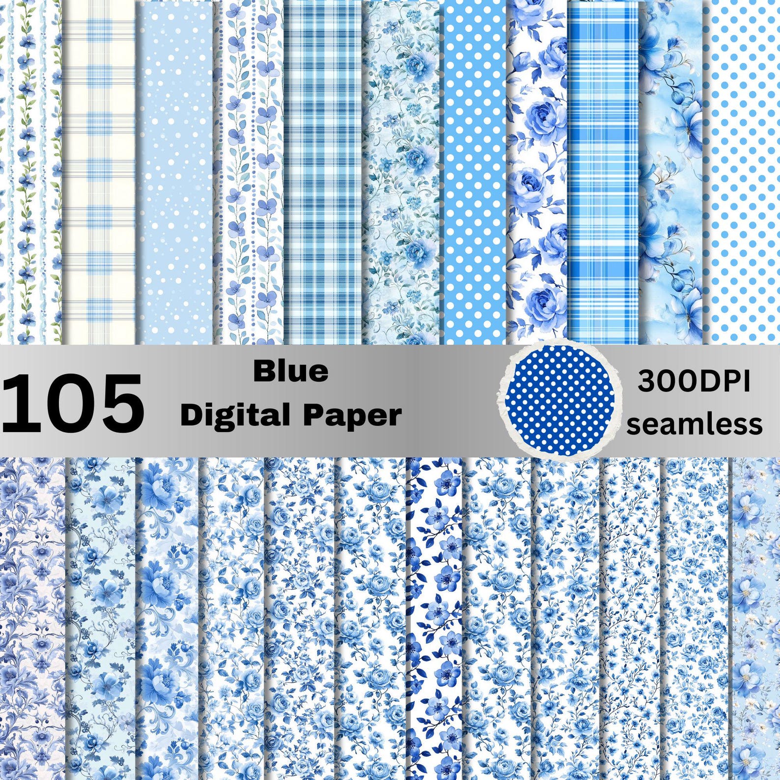 105 Seamless Blue Digital Paper Pack, Blue Pattern Backgrounds ...