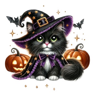 26 PNG, Cute Witch Cat Clipart Bundle, Witch Cat Clipart, Watercolor ...