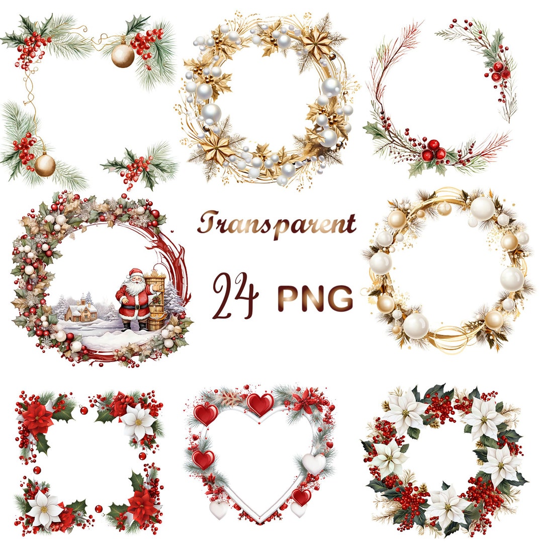 24 Watercolor Christmas Frames Clipart, Merry Christmas Holiday Wreath ...