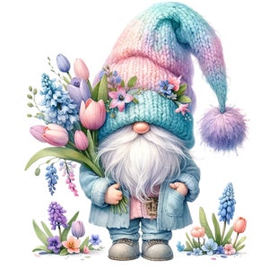 30 PNG, Watercolor Spring Gnome Clipart Bundles, Gnome With Flowers ...