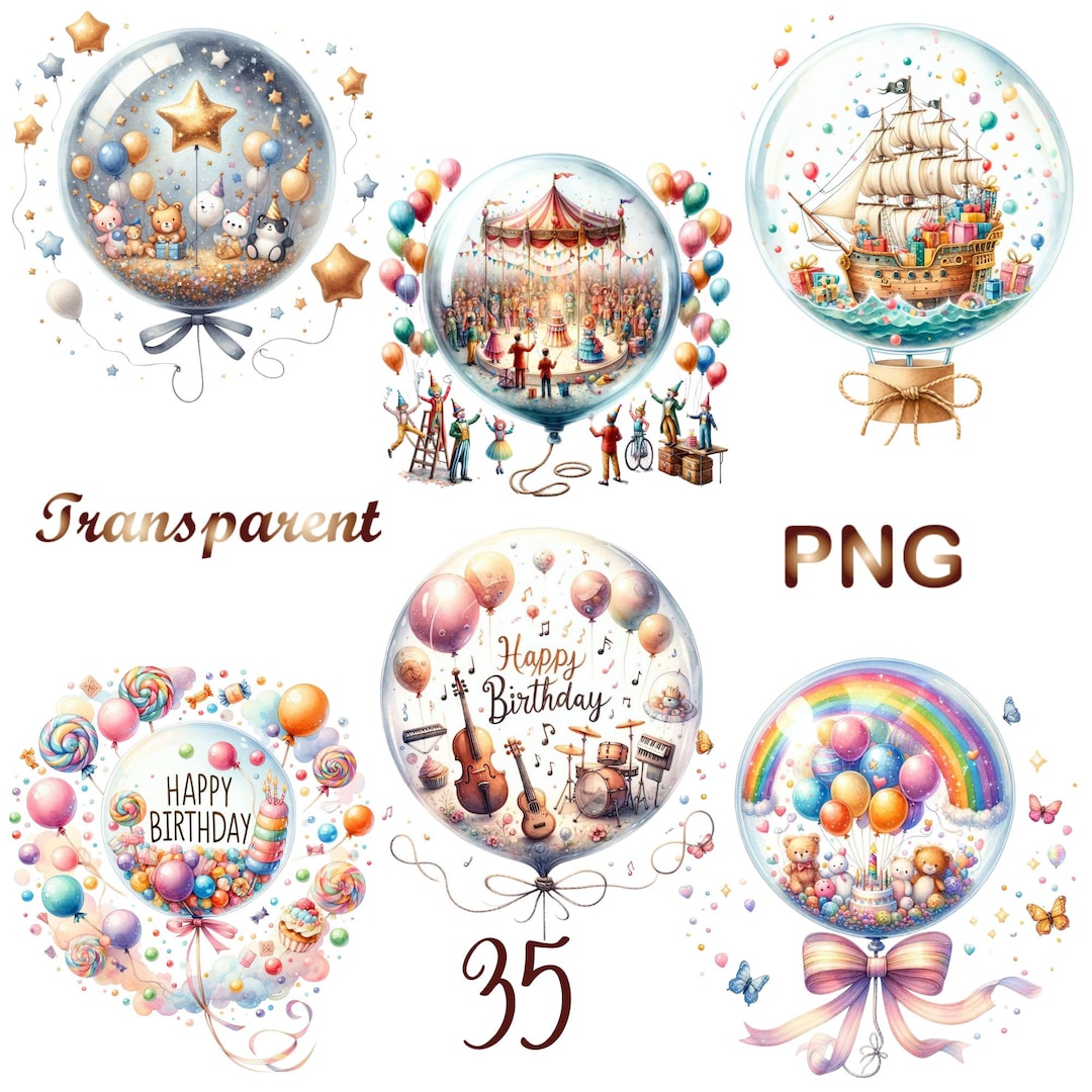 35 PNG, Happy Birthday Clipart Bundle, Celebration Balloon, Watercolor ...
