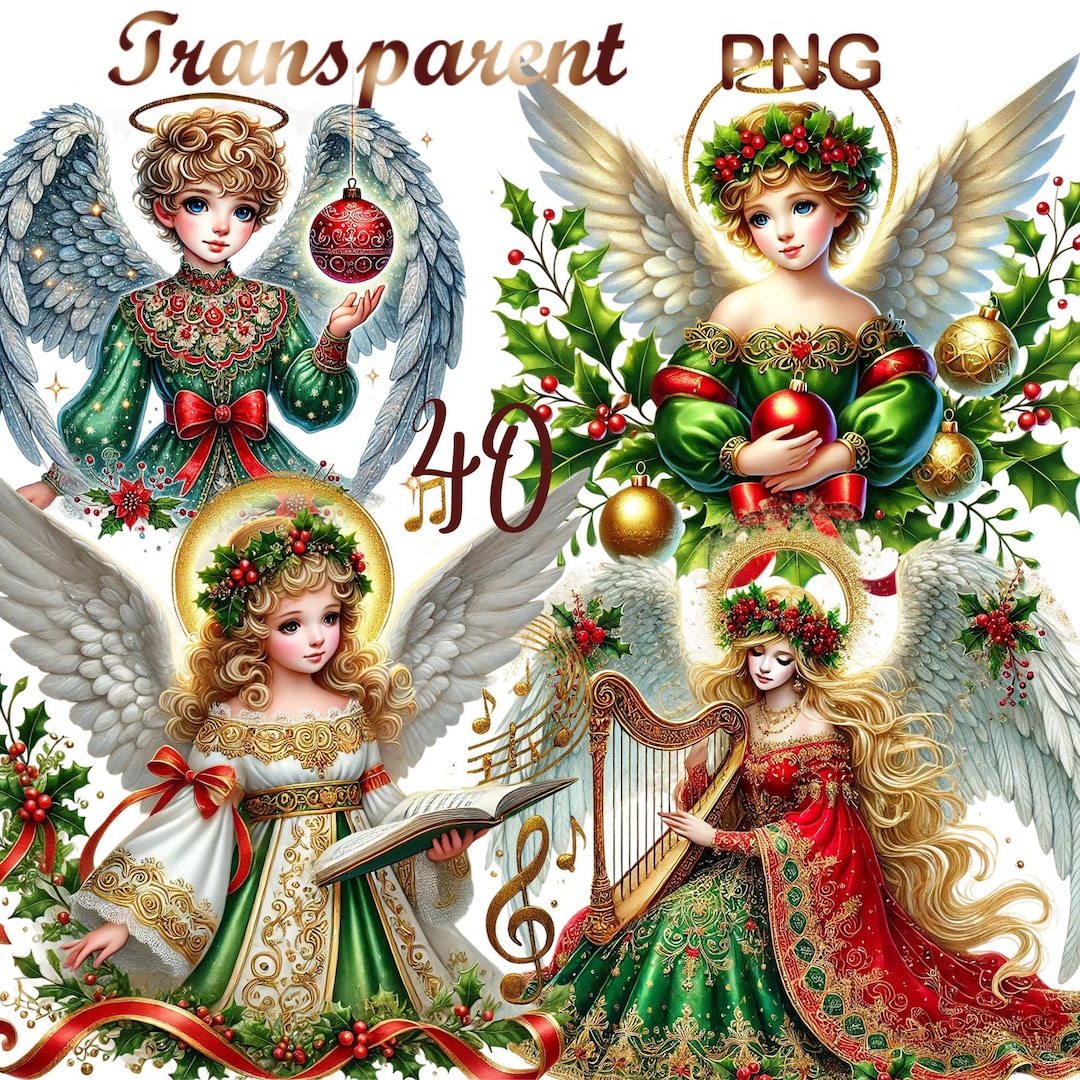 40 PNG, Christmas Angels Clipart Bundle, Set2, Winter Illustrations ...