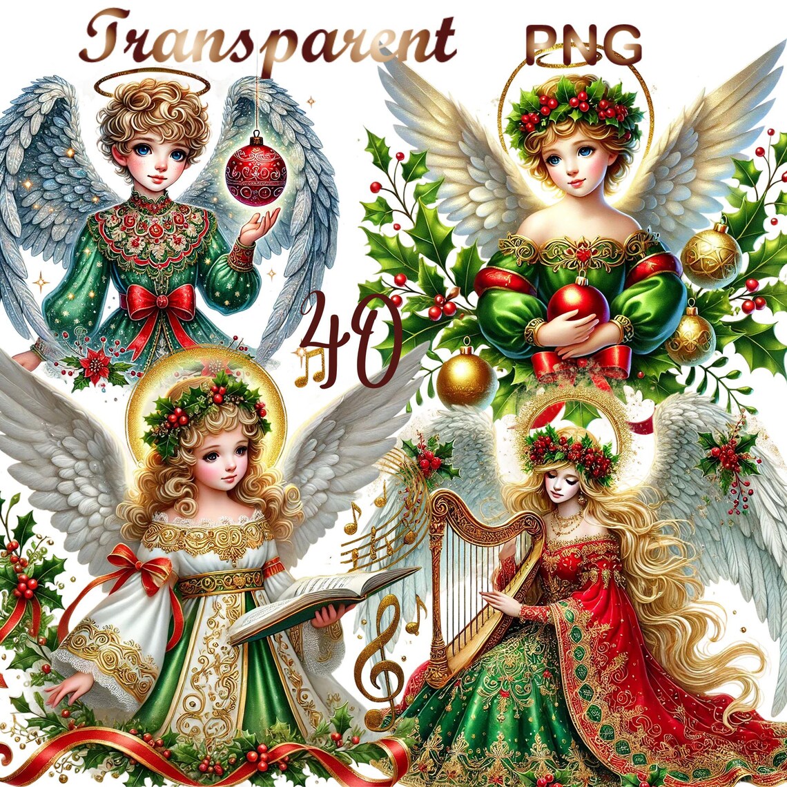 40 PNG, Christmas Angels Clipart Bundle, Set2, Winter Illustrations ...