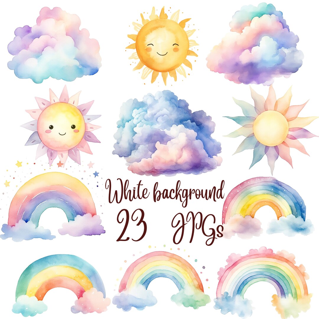 23 Watercolor Pastel Rainbow Clipart Bundle, Jpgs,sun,clouds, Rainbow ...