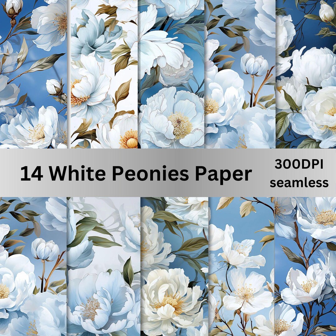 14 White Peonies Paper Seamless, Digital Paper Pack, Peony Repeating ...